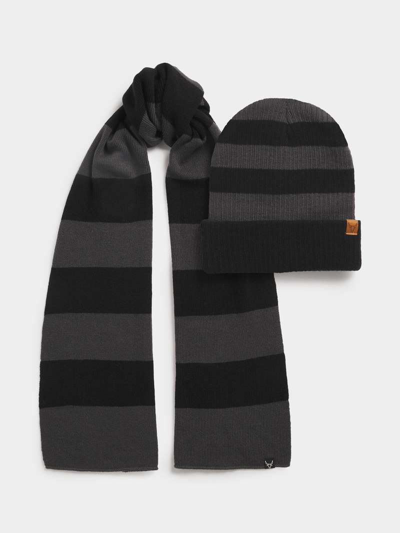 Exact Men's Black & Grey Striped Scarf & Beanie Set | Bash