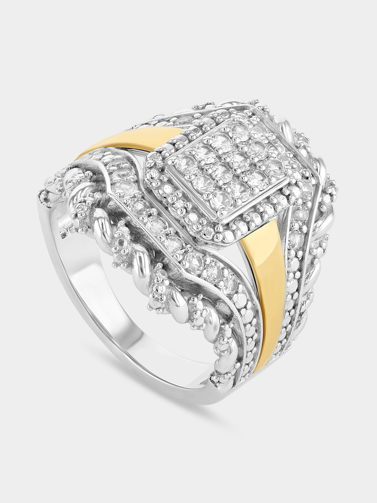 Yellow Gold & Sterling Silver White Sapphire Rectangle Bold Rope Ring ...