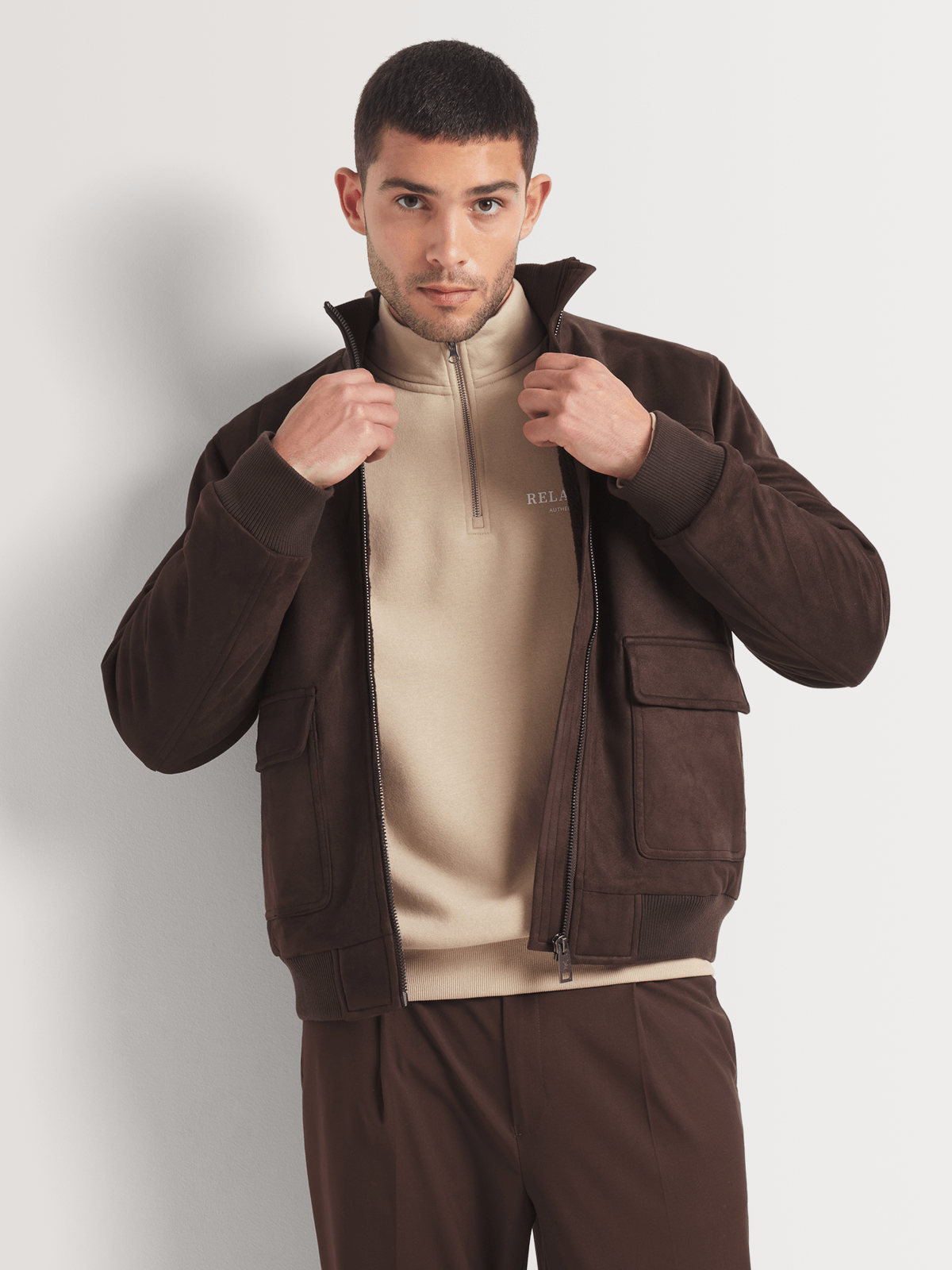 Markham Men's Smart Suedette Zipped Brown Bomber Jacket | Bash