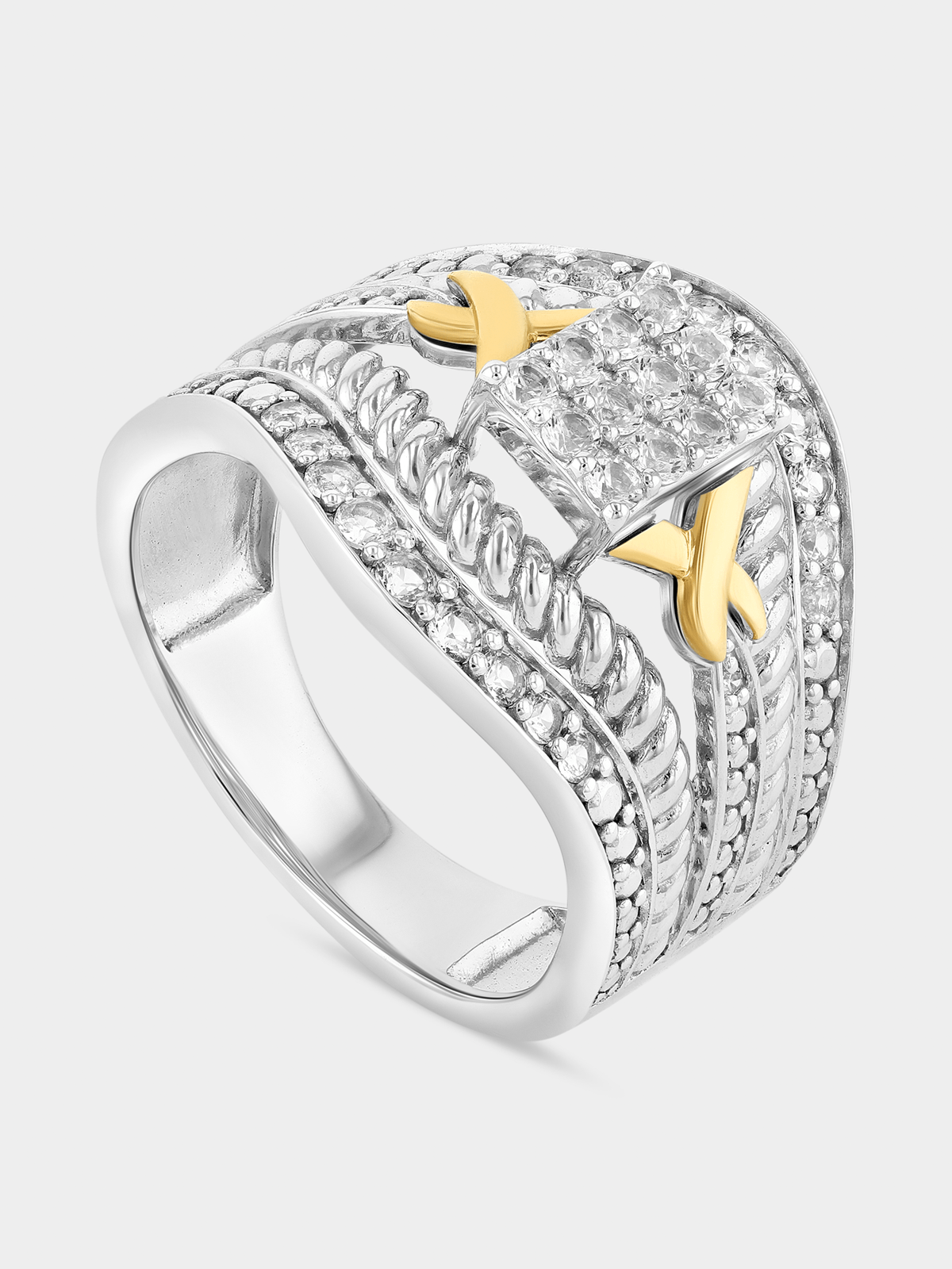 Yellow Gold & Sterling Silver White Sapphire Rectangle Rope Ring | Bash