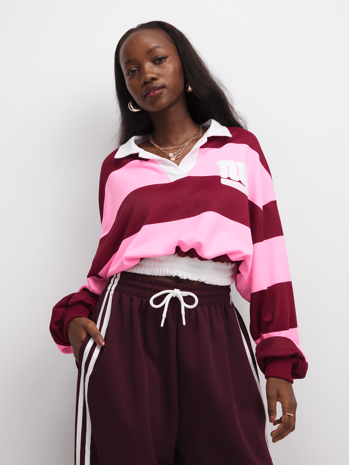 The FIX Women's Burgundy & Pink Striped Rugby Top | Bash