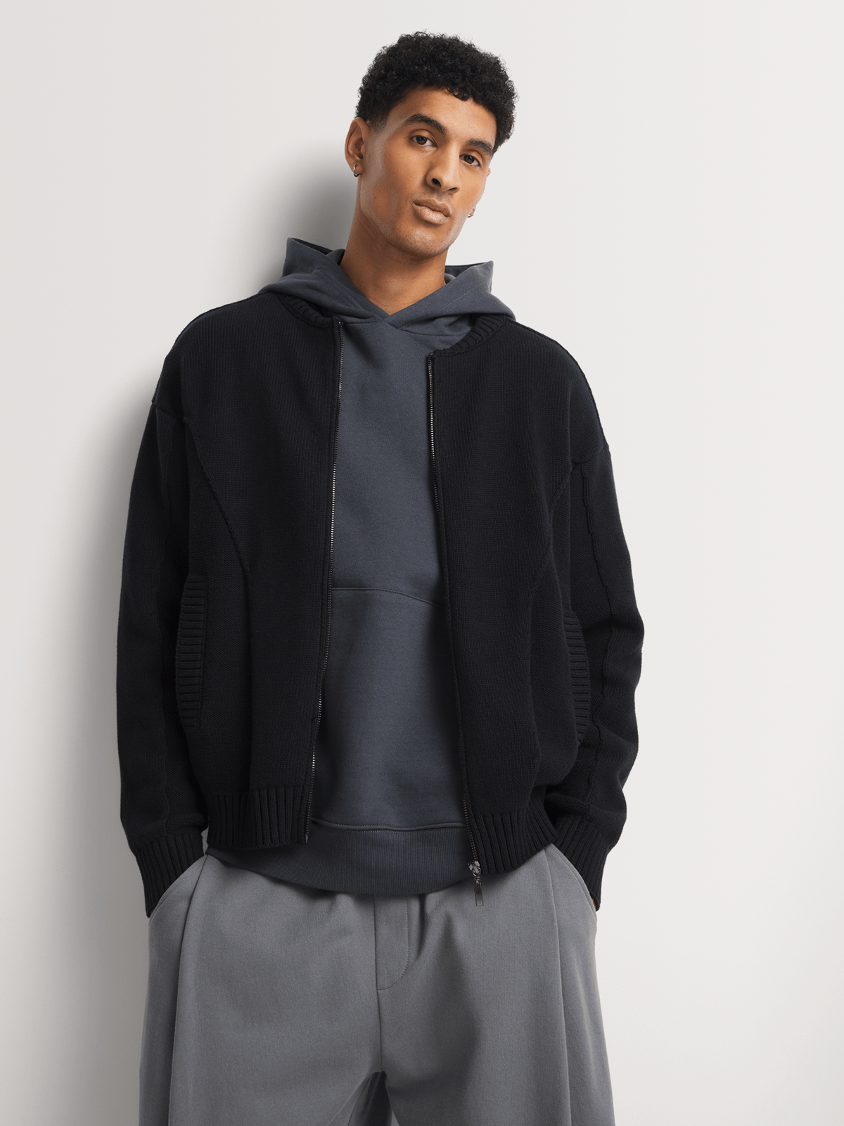 Markham Men's Zip Through Texture Black Knitwear | Bash