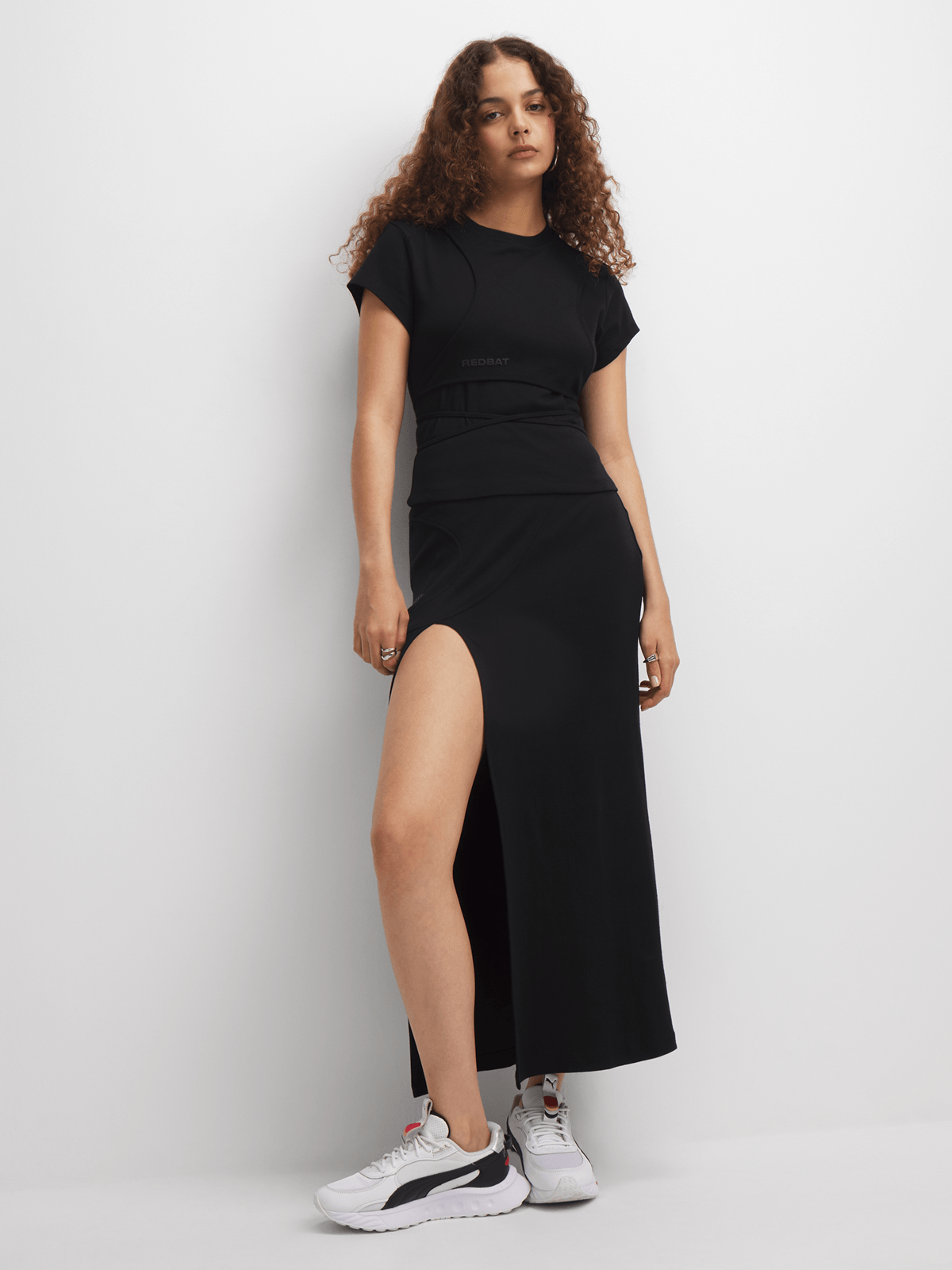 Redbat Women's Rib Panel Cut Out Slit Maxi Black Skirt | Bash