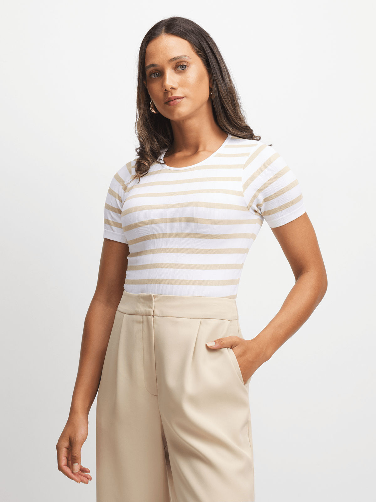 Exact Women's White & Natural Striped Seamless T-Shirt | Bash