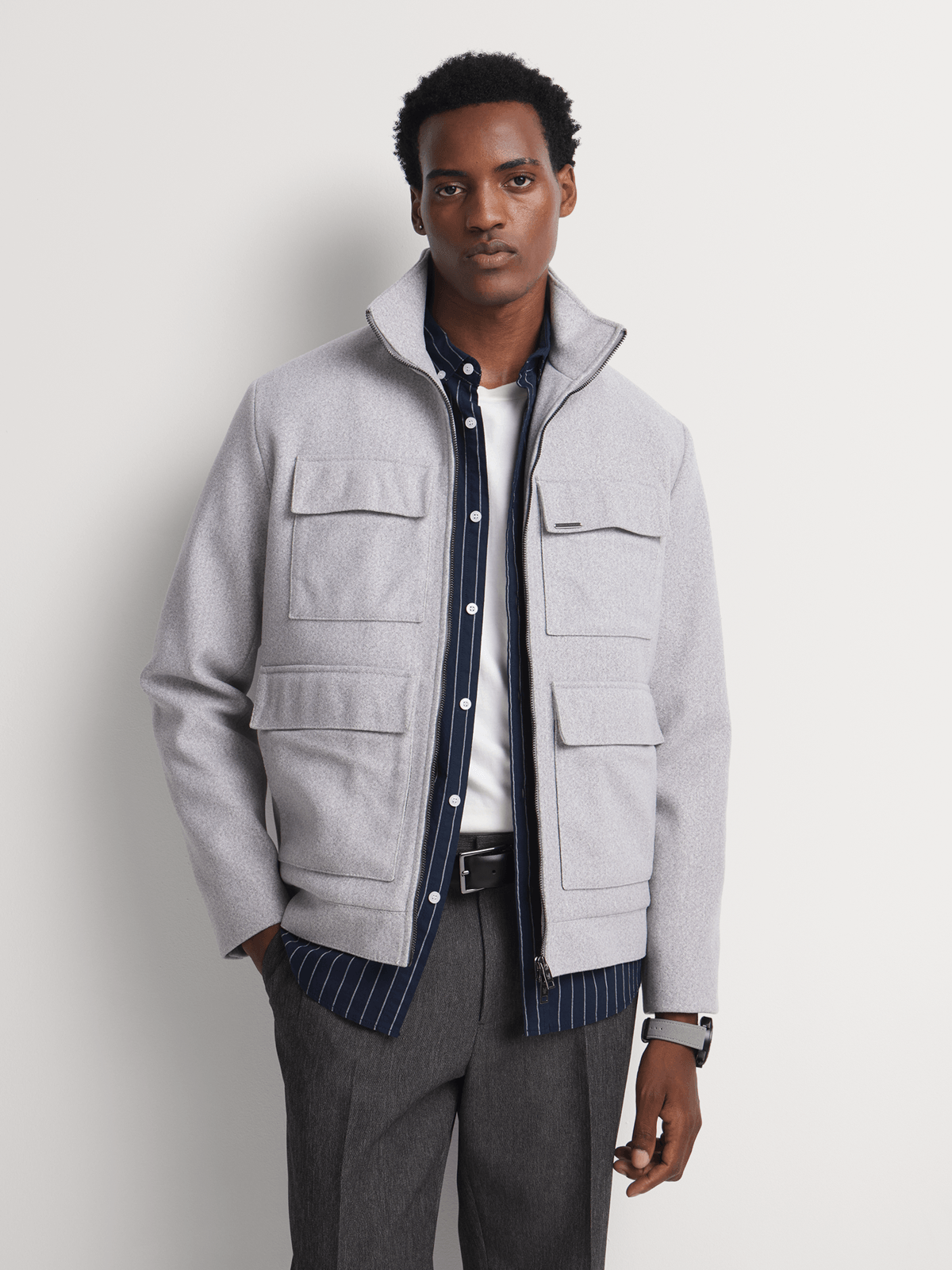 Markham Men's Smart Crop Melton Zipped Utility Grey Jacket | Bash