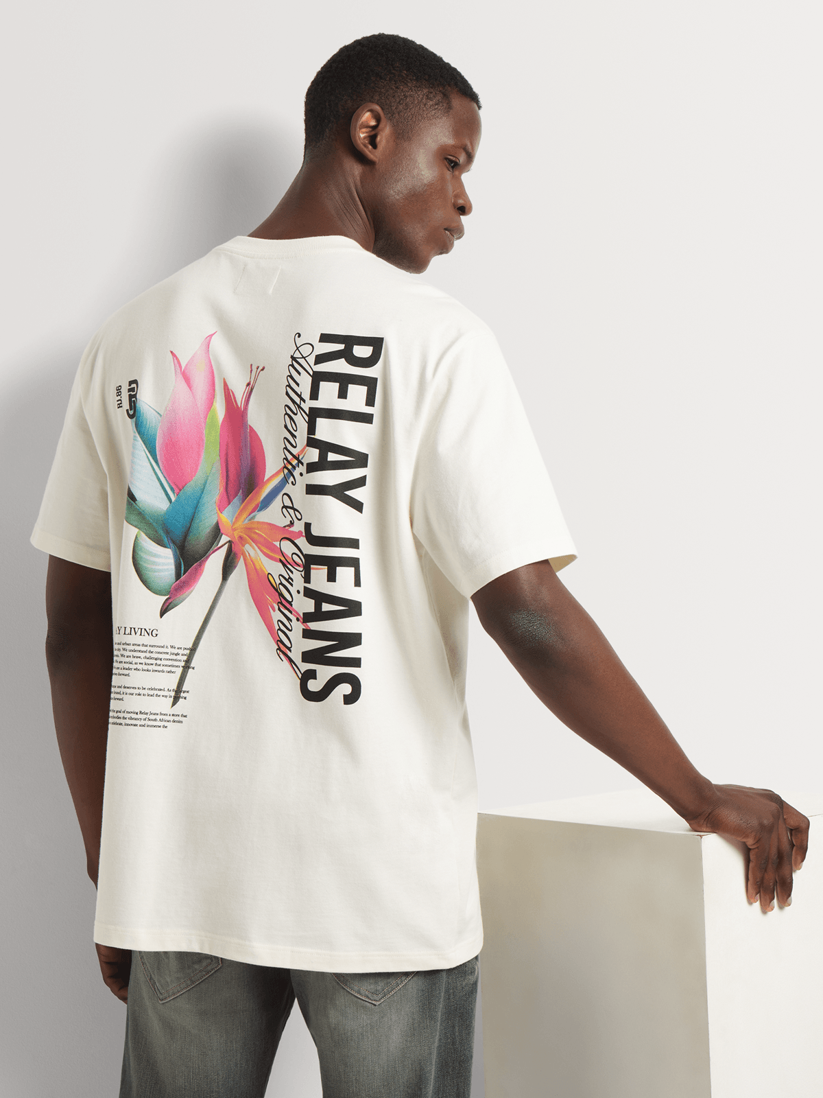 Relay Jeans Men's Back Print Floral Text White Graphic T-Shirt | Bash