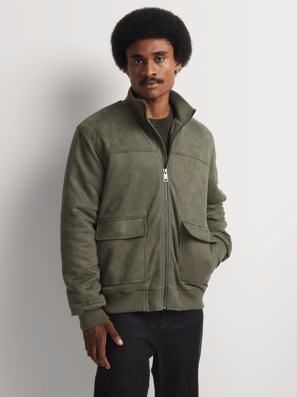 Markham Men's Smart Suedette Zipped Green Bomber Jacket | Bash
