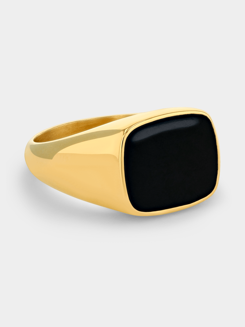 Gold Plated Stainless Steel Black Enamel Rectangle Signet Ring | Bash