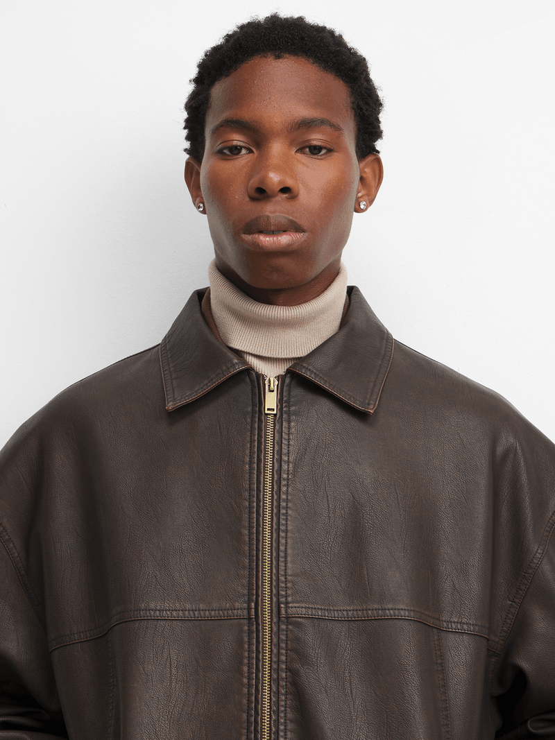 The FIX Men's Brown Vintage PU Bomber Jacket | Bash