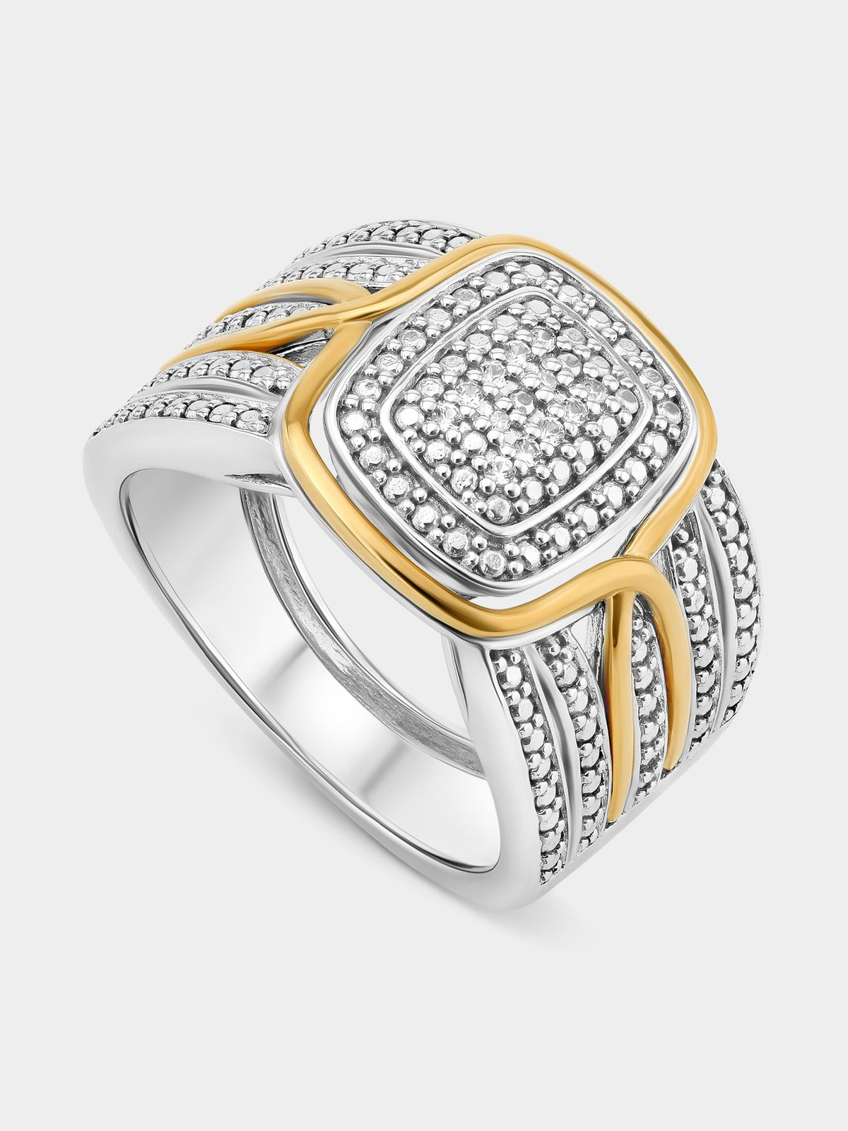 Yellow Gold & Sterling Silver Diamond & Created Sapphire Rectangle Halo ...