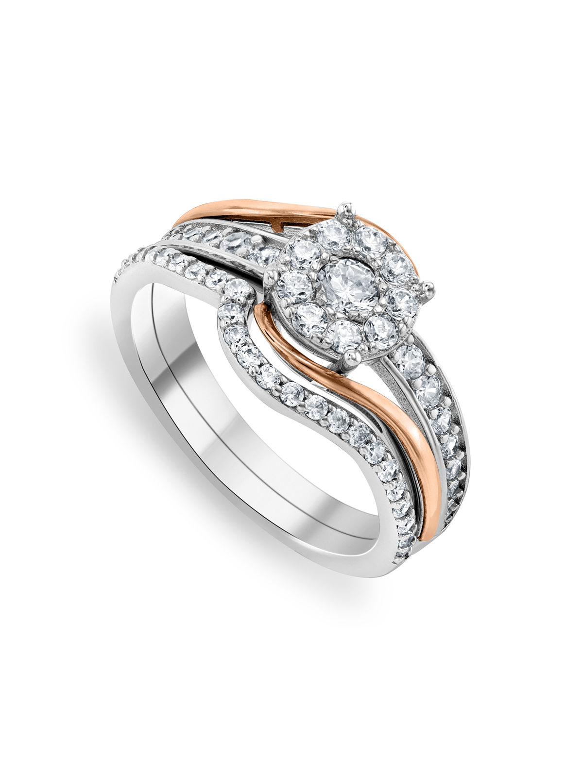 Sterling Silver & Rose Gold Cubic Zirconia Halo Twinset Ring | Bash