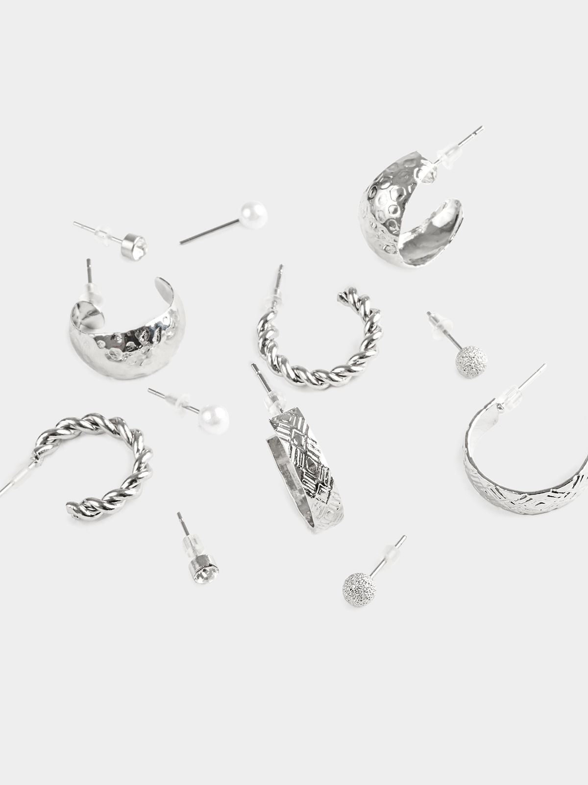 Exact Women's Silver Textured 6-Pack Stud & Hoop Earrings | Bash