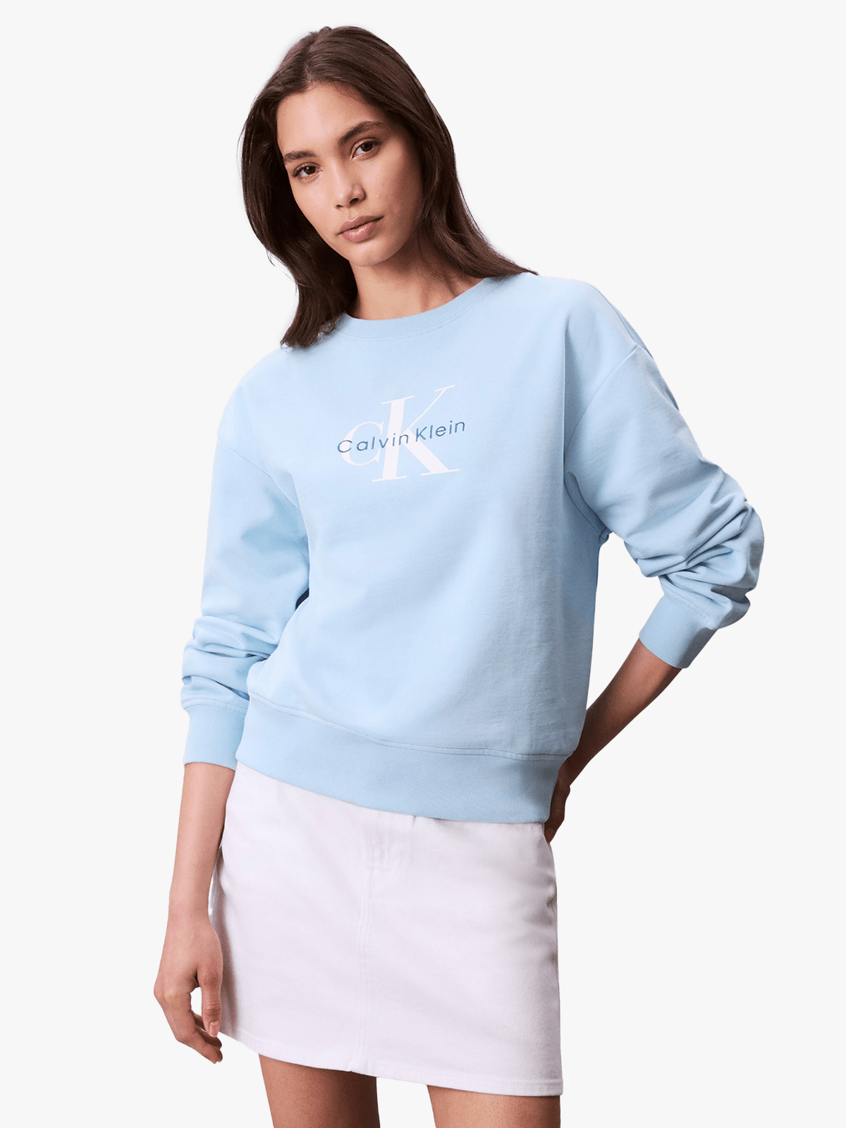Women's Calvin Klein Light Blue Monologo French Terry Crew Sweater | Bash