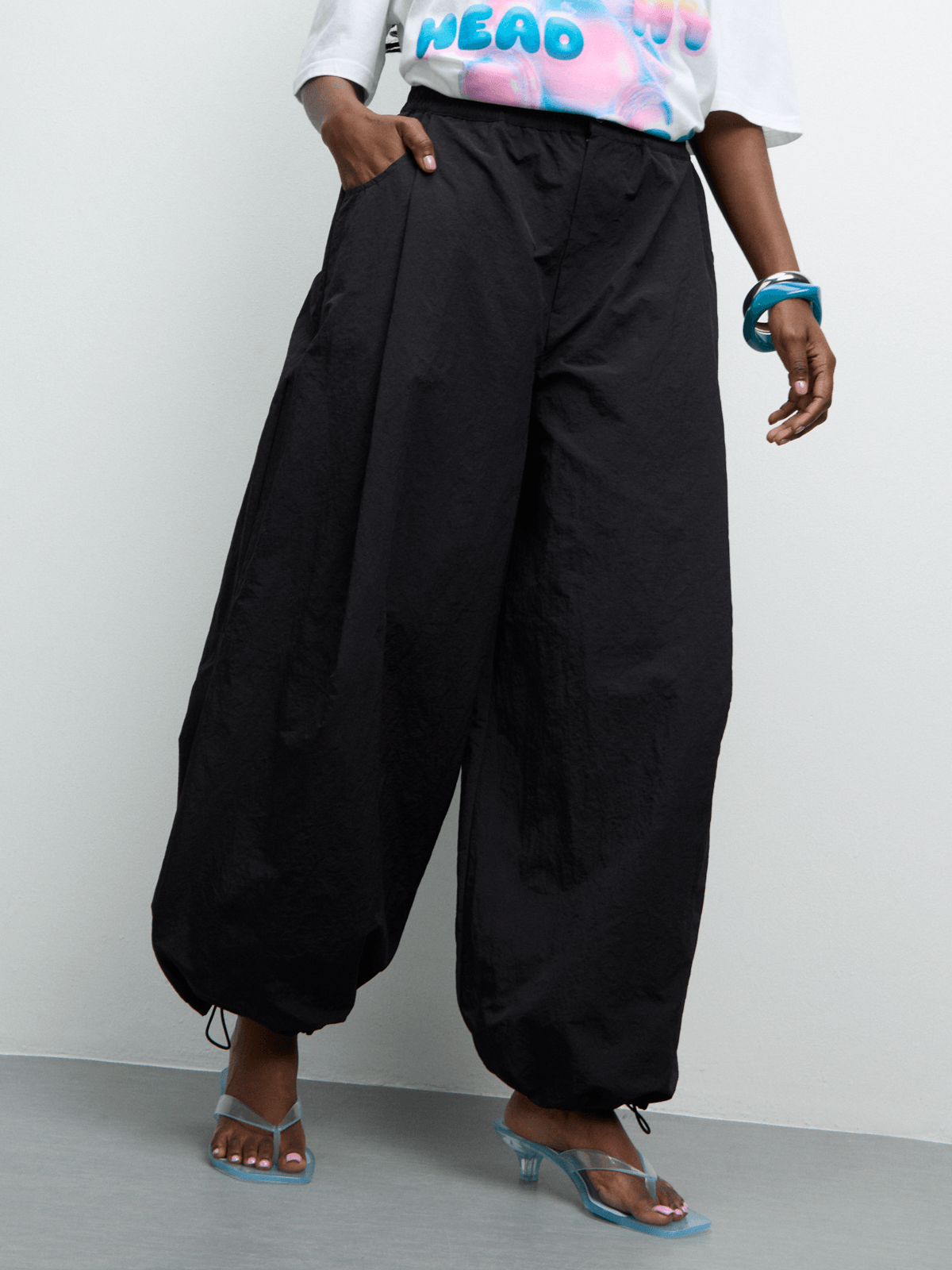 The FIX Women's Black Crinkle Taslon Barrel Pants with Shockcord Hem | Bash