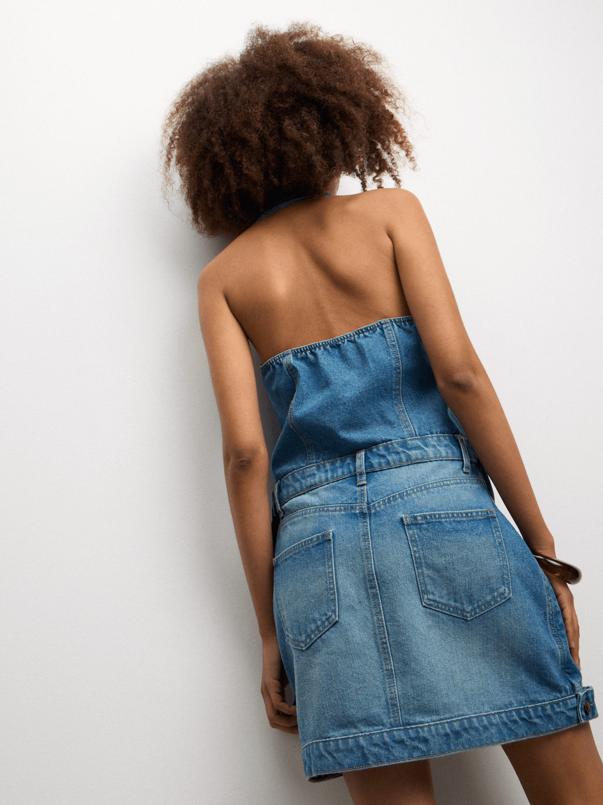 The FIX Women's Mid Wash Denim Halter Button Thru Mini Dress | Bash